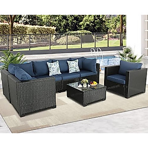 HTTH 7 Pieces Patio Furniture Sets Outdoor Rattan Wicker Conversation Sofa Garden Sectional Sets with Coffee Table for Porch Garden Poolside Backyard (Navy Blue)