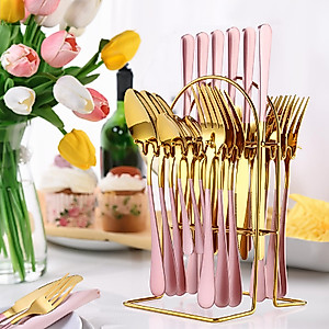 24 Pieces Flatware Set, Caliamary Stainless Steel Flatware Set with Silverware Holder Spoons Forks Knives,Utensils Set Service for 6,Gold Mirror Polished and Matte Pink Painted (Pink)…