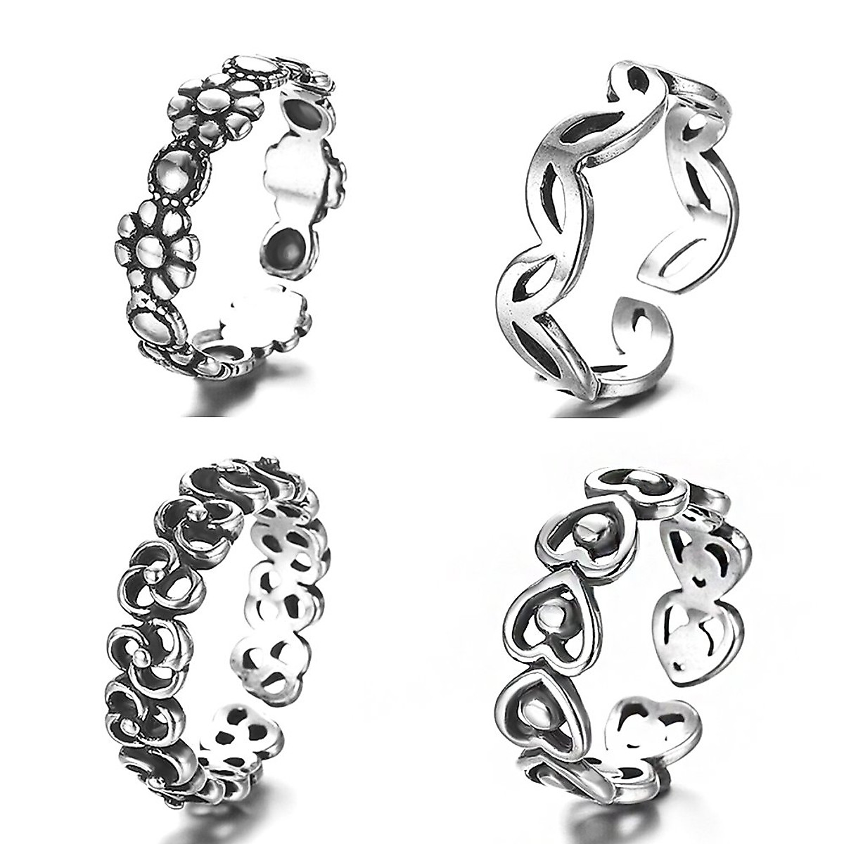 lauhonmin 3pcs S925 Sterling Silver Open Rings Set Finger Ring Joint Ring Toe Ring Beach Jewelry Gifts for Women Adjustable (Style B)