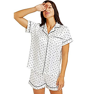 Lonxu Womens Satin Pajamas Set White Polka Dot L