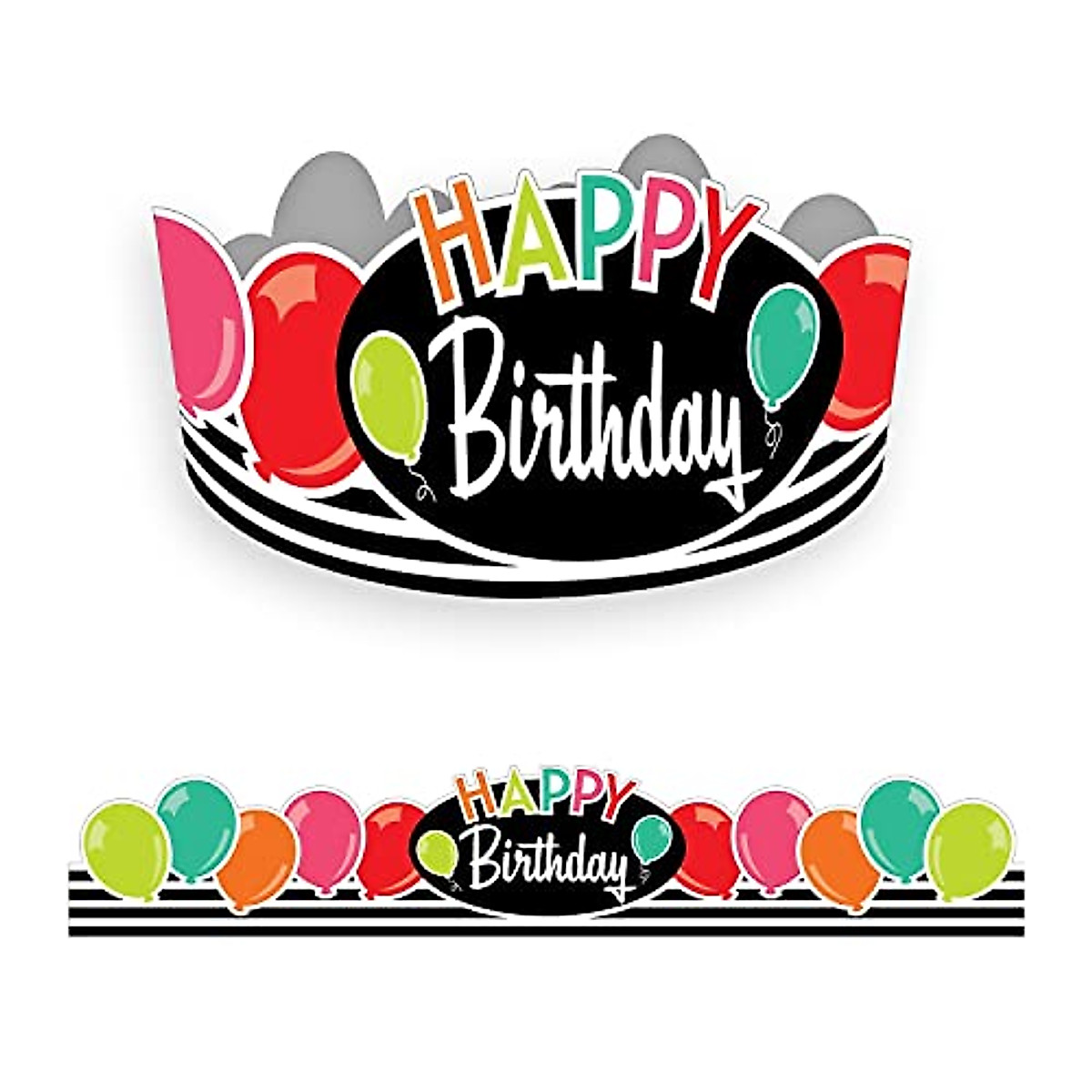 Schoolgirl Style Black, White and Stylish Happy Birthday Crowns—Full-Color, Pre-Cut Crowns for Birthday Celebrations, Festive Classroom Parties (30 pc)