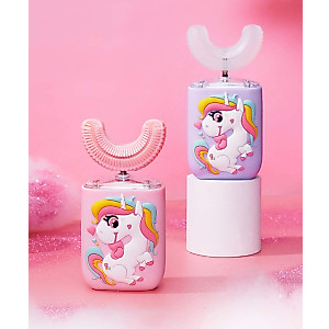 Kids Electric Toothbrush, Unicorn Sonic U Shaped Rechargeable Automatic Toothbrushes IPX7 Waterproof 6 Modes Smart Timer 360° Oral Cleaning with Replacement Brush Heads for Child Age 2-6 (1. Purple)