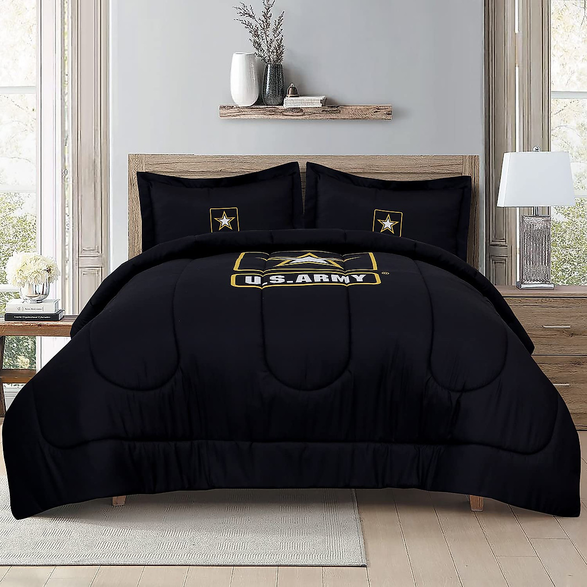 VISI-ONE US Army All Purpose Twin Black Comforter Set, Premium Microfiber Fabric, 2 - Piece Lightweight Bedding Set with Yellow Logo, Thick Fluffy Comforter, Easy Care Machine Washable