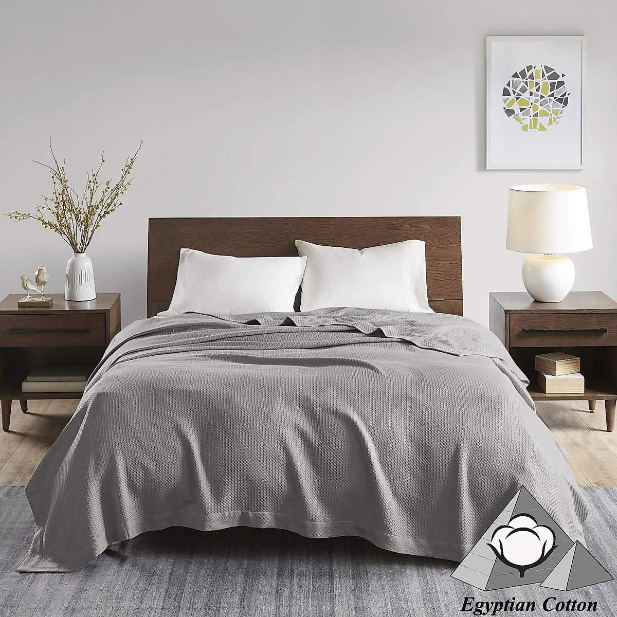 Madison Park Egyptian Cotton Luxury Blanket Grey 90x90 Full/Queen Size Knit Premium Soft Cozy 100% Cerified Egyptian Cotton For Bed, Couch or Sofa