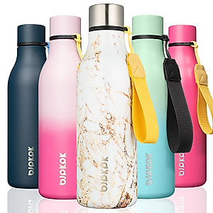 BJPKPK Insulated Water Bottles, 18 oz Stainless Steel Metal Water Bottle with Strap, BPA Free Leak Proof Thermos, Mugs, Flasks, Reusable Water Bottle for Sports & Travel, Marble-Amber