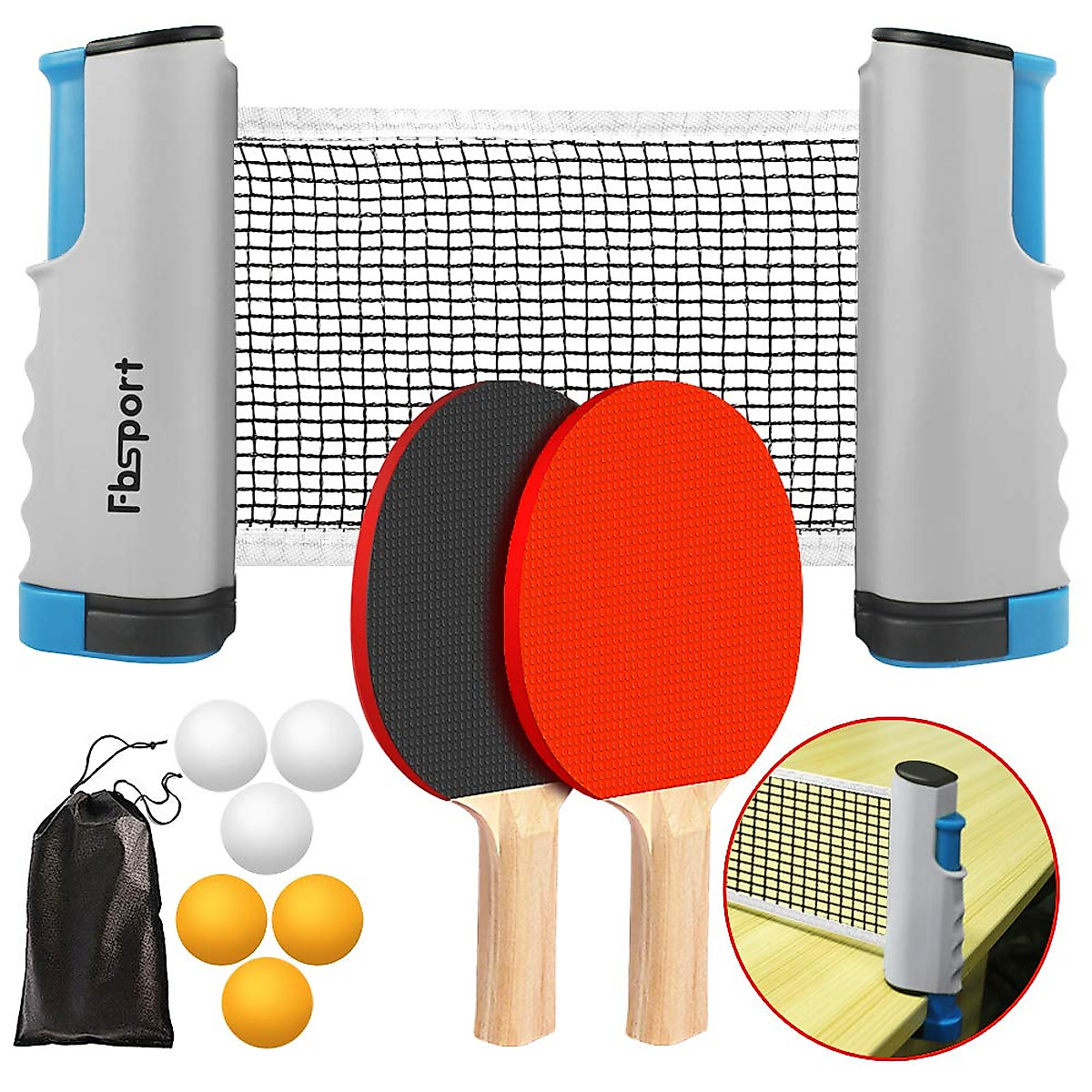 FBSPORT Ping Pong Paddle Set, Portable Table Tennis Set with Retractable Net, 2 Rackets, 6 Balls and Carry Bag for Children Adult Indoor/Outdoor Games, Gray