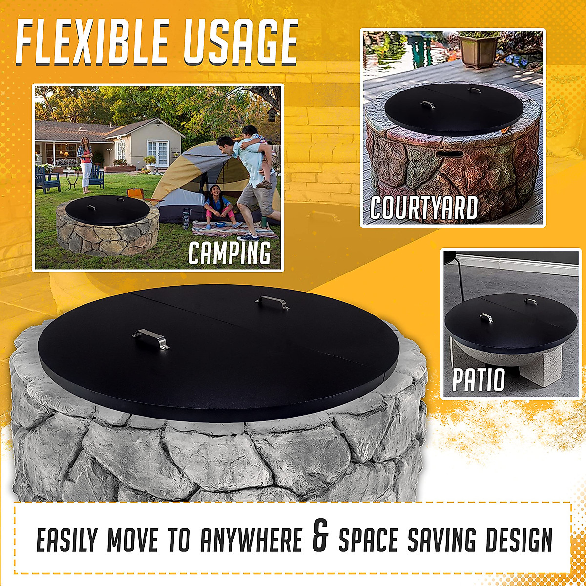 Simond Store Portable Fire Pit Cover Round, 42” inch Diameter Snuffer Lid Ring Steel, Fire Pit Pan Lid- 2 mm Thickness, with Handle