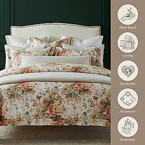 HiEnd Accents Floral Bedding Jardin Lyocell 3 Piece Queen Duvet Cover Set, Cottage Garden Botanical Rose Print Bed Set, Women Girls Soft Silky Flower Comforter Cover with Pillow Shams