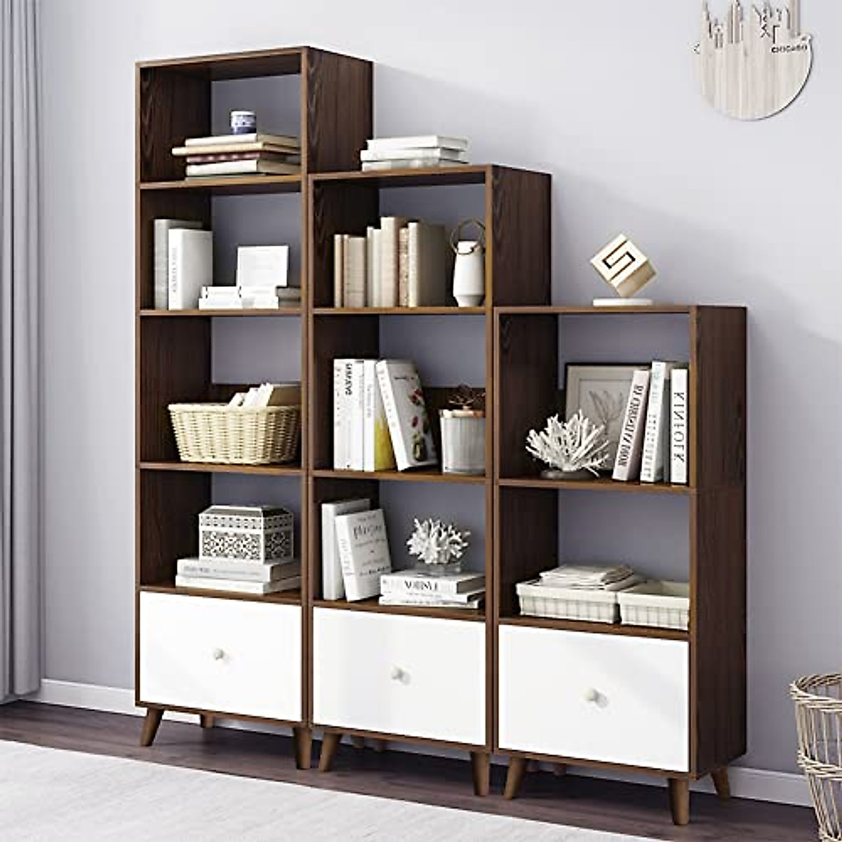 IOTXY 3-Tier Open Shelves Bookcase - 47 Inches Height Modern Floor Standing Cubes Wooden Low Bookshelf with Storage Drawer and Legs, Walnut