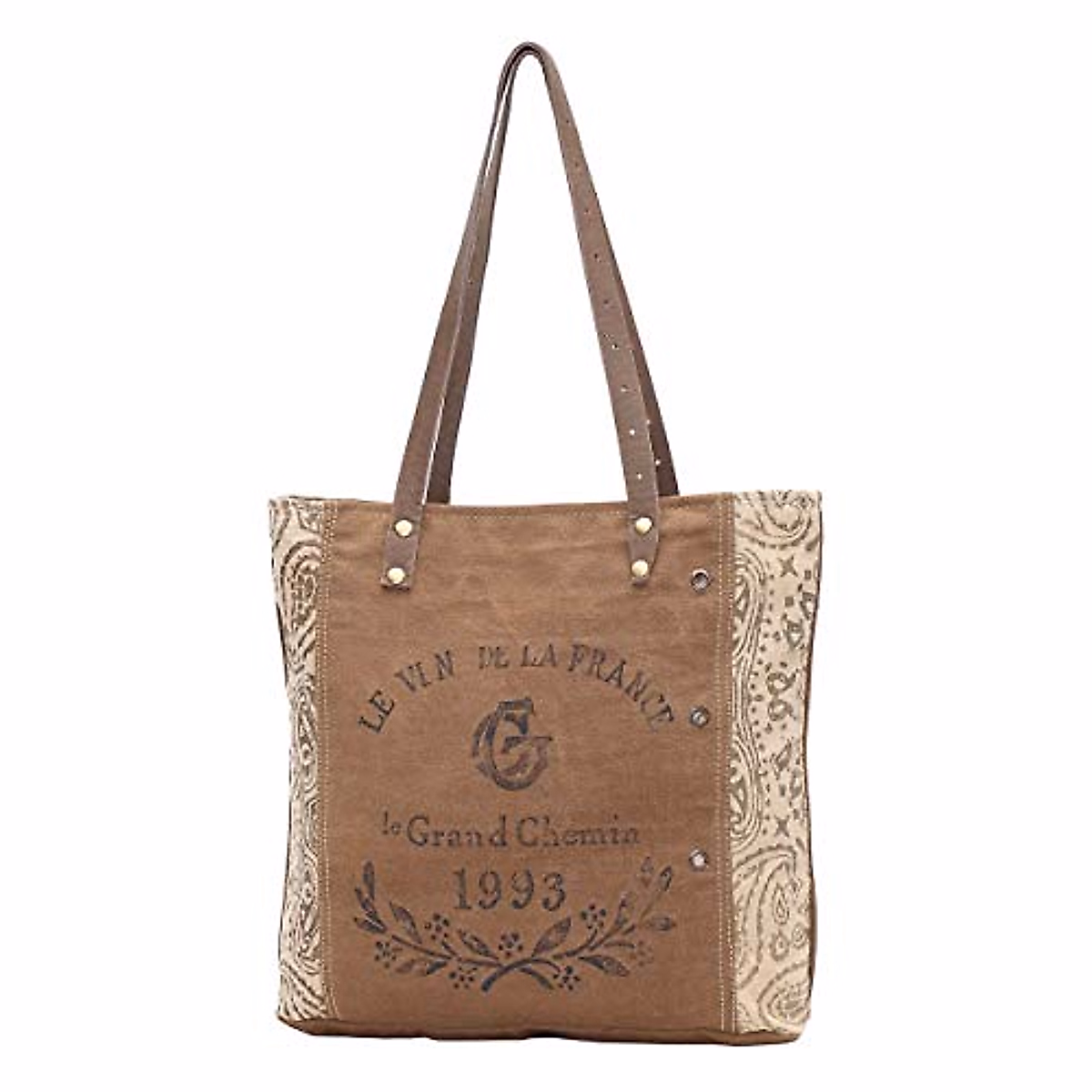 Myra Bags 1933 Upcycled Canvas Tote Bag S-0936, Tan, Khaki, Brown, One_Size