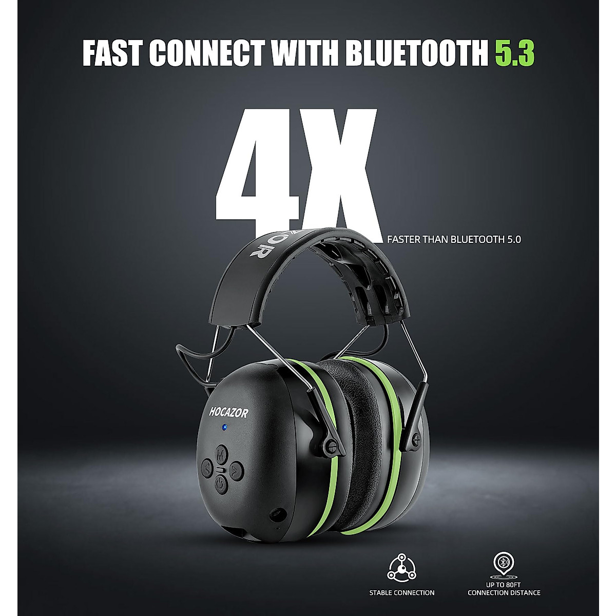 Hocazor HZ07 Upgrade Bluetooth 5.3 Hearing Protection Built-in 1500 mAh Rechargeable Battery 40 Hours+ Playing Time Noise Cancelling 25dB NRR Earmuffs NRR 25dB for Mowing Workshops, Green