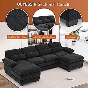 Nolohoo U Shape Sectional Sofa Cloud Couch,124" Chenille Comfy Couches for Living Room, Modern Upholstered Large Modular Sofa with Chaise,Console USB Port Cup Holders, Dark Gray