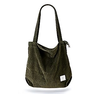 KALIDI Large Totes Bag Women Corduroy Shoulders Handbag Lightweight Shopping Purse with Zipper Pockets, Green