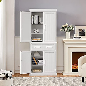 Yaheetech Kitchen Pantry Storage Cabinet with Doors and Adjustable Shelves, Freestanding Pantry Cabinets with Drawer, Modern Farmhouse Pantry Cupboard for Kitchen, Dinning Room, Living Room, White