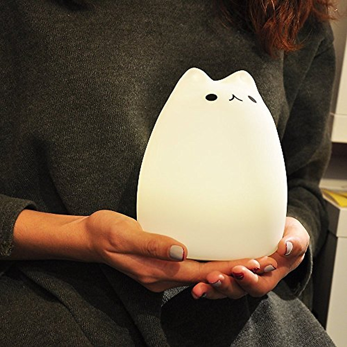 WoneNice Portable Cute Kitty Silicone Night Lamp,USB Rechargeable Children Night Light with Warm White & 7-Color Breathing Modes, Touch Sensor Control, Gift for Women Teen Girls Kids Toddler Baby