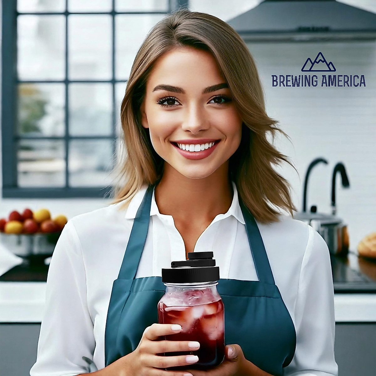 Brewing America Glass Mason Jar Pitcher with Lid - Ball Jars, 1 Quart (32 oz) with Black Wide Mouth Mason Jar Pour Lid, 2-Pack