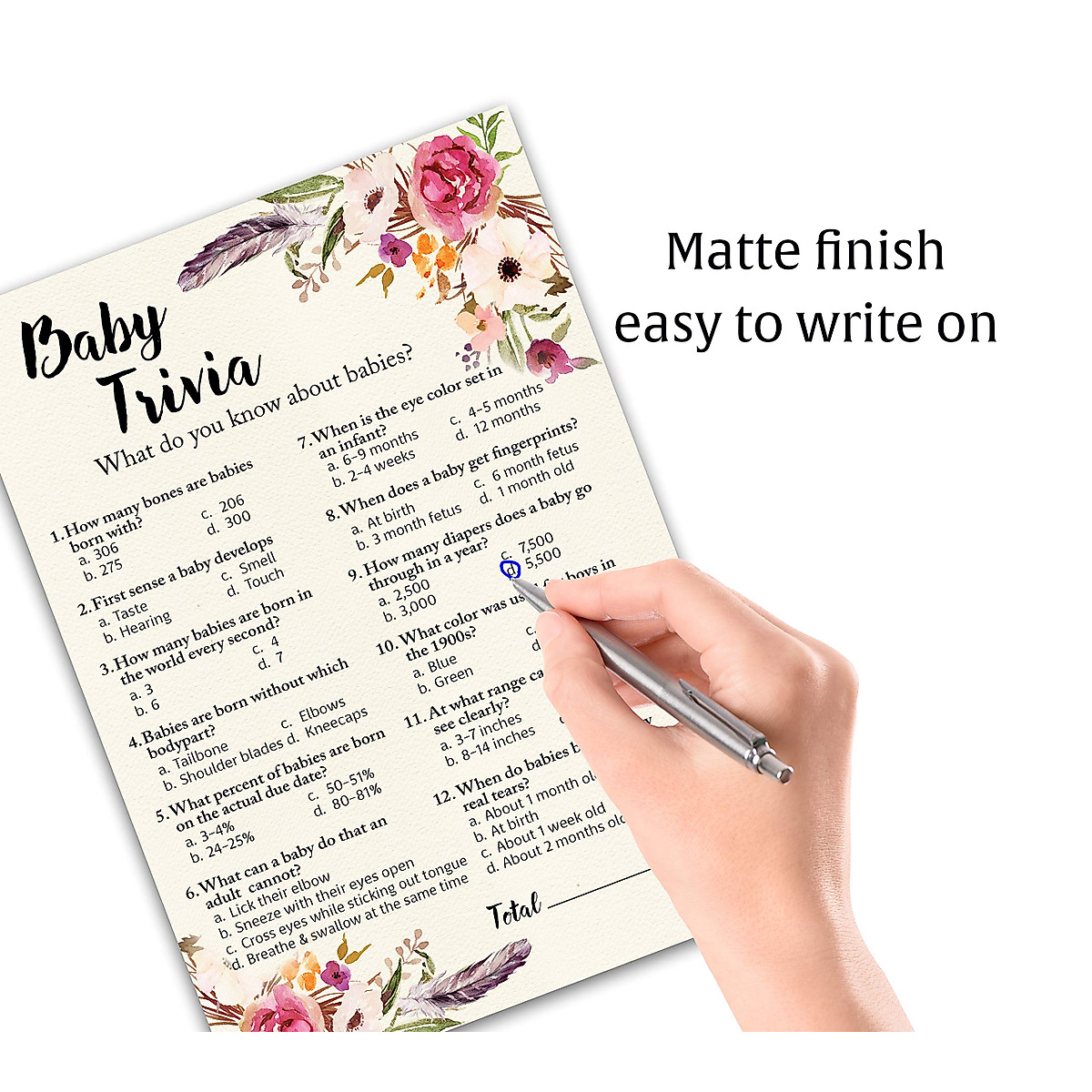 BOHEMIAN Baby Shower Game — BOHO BABY TRIVIA Game — Pack of 25 — Fun Baby Facts Game, GIRL Baby Shower Game, Bohemian Pink Floral Baby Shower Activity, Trivia Girl Baby Shower Game, SKU G400-TRV