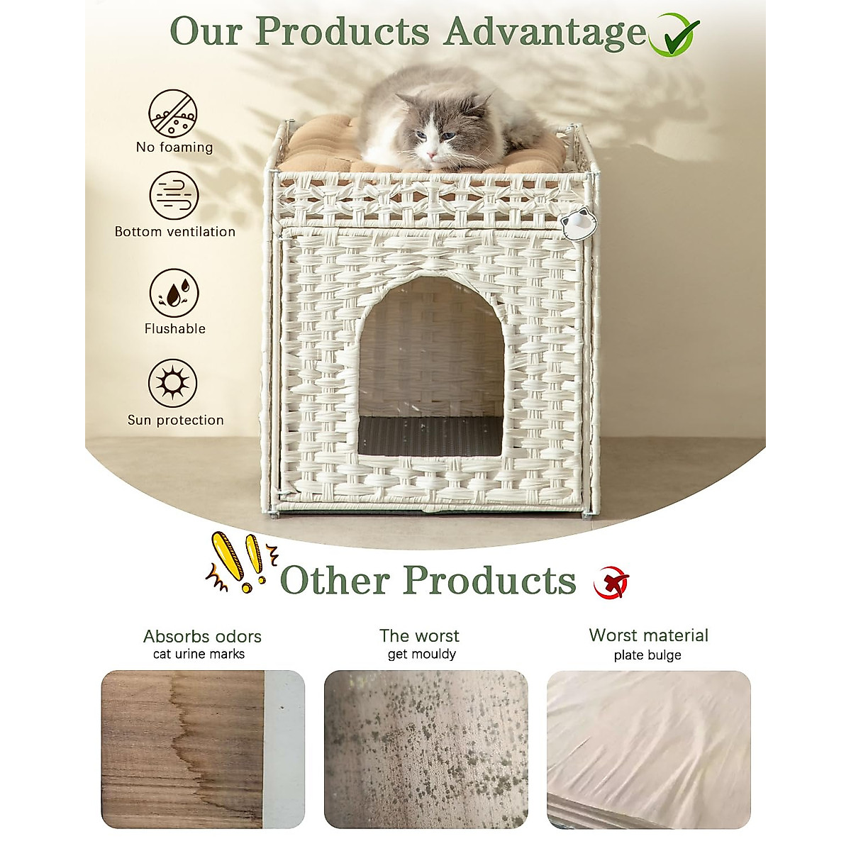 SETVSON Cat Litter Box Enclosure Cat Litter Box Furniture Hidden with Cat Litter Mat, Cat Litter Box Furniture with Two S-Shaped Hooks, Handwoven Rattan Cat House for Living Room, Bedroom, (White