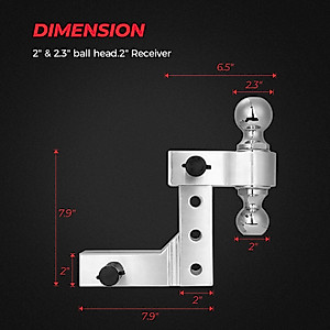 KEMIMOTO Adjustable Trailer Hitch, Fits 2 inch Receiver, 6 Inch Drop Hitch, Aluminum Tow Hitch Ball Mount, 2 and 2-5/16 inch Tow Balls/Double Pin Key Locks for Trucks Cars UTV ATV