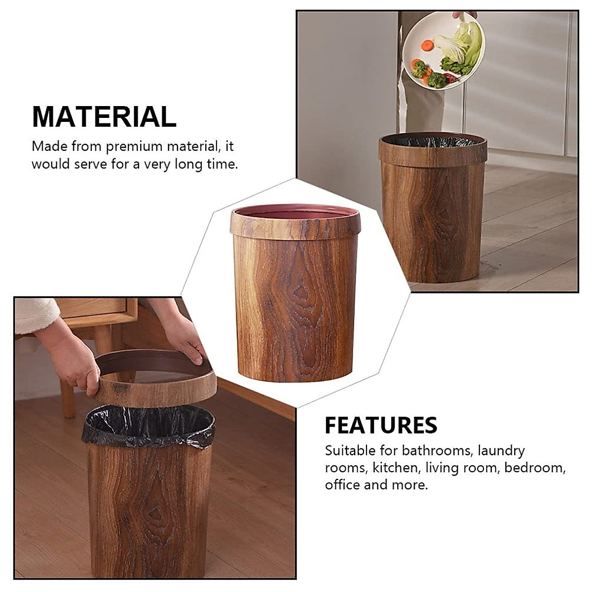 Operitacx Round Office Trash Can, Imitation Wood Waste Basket for Office, Small Trash Cans for Home or Office, Waterproof Plastic Garbage Can for Bedroom Living Room Office (11.4x8.6 in)