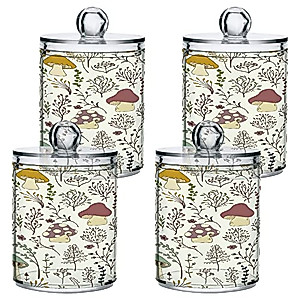 xigua 10 oz Qtip Holder Dispenser with Lids Mushroom Clear Plastic Jar Set for Cotton Ball, Cotton Swab, Cotton Round Pads, Floss (4PCS)#348