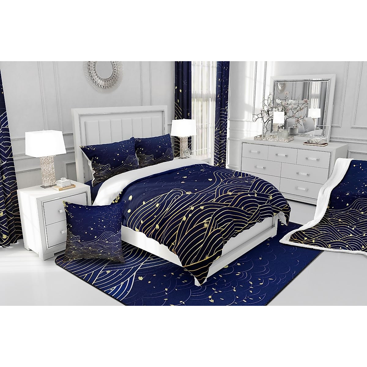 Erosebridal Ukiyoe Style Bedding Set Queen Size Japan Sea Waves Duvet Cover Japanese Style Comforter Cover Golden Cherry Blossom Petals Quilt Cover for Kids Child,Abstract Hand Drawn Bedroom Decor