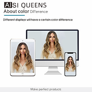 AISI QUEENS Long Wavy Ombre Wig Brown Mixed Blonde Synthetic Middle Part Wigs for Women Heat Resistant Hair Replacement Wigs for Daily Wear 20 Inch