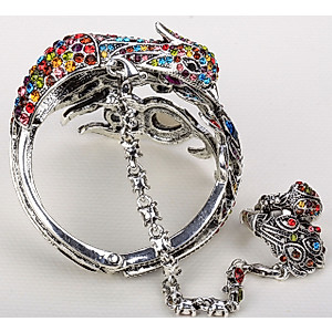 YACQ Women's Hinged Big Peacock Bracelet Slave Stretch Ring Set - Fit Wrist Size 6-1/2 to 7-1/2 Inch & Finger 7 to 9 - Lead Nickle Free - Halloween Costome Outfit (Multicolor)