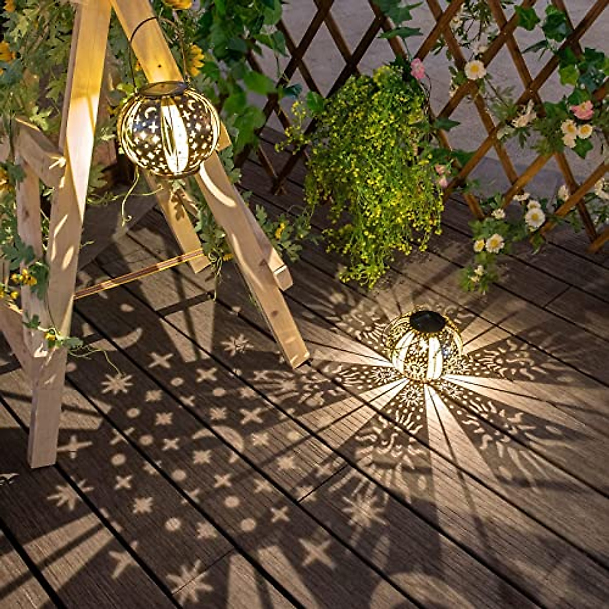Tryme Solar Lanterns Outdoor Waterproof Moon Star Sun Hanging Solar Garden Lanterns Lights with Handle Patio Decorations for Table Yard (Bronze and Silver)