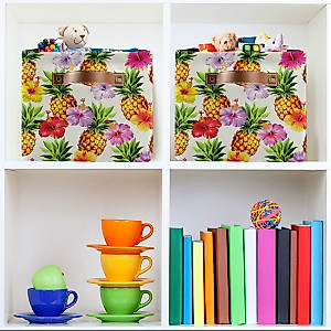 Hawaiian Pineapple Flowers Rectangular Storage Bin Basket with Handles - Organizer Bin for Toys, Books, Laundry Basket for Kids/Pets, Playroom