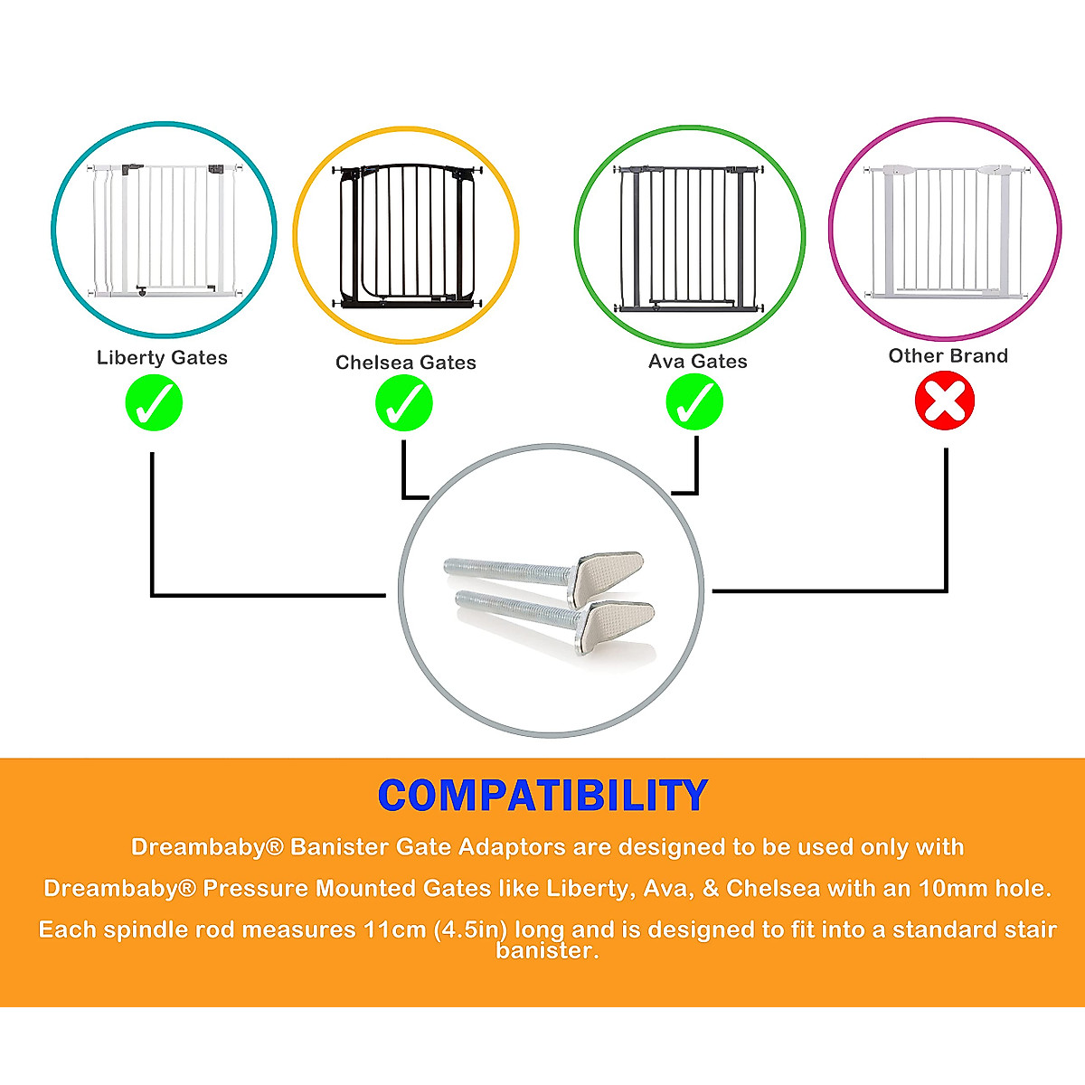 Dreambaby Y-Shaped Spindle Rod Banister Gate Adaptors - For Dreambaby Pressure Mounted Gates - 9.5mm Diameter Size & 4.5inch Length - Silver - 2 Count (Pack of 1) - Model L196