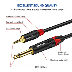 DREMAKE Mono 6.35mm to 3.5mm Stereo Audio Cable 3FT, Stereo 3.5mm Plug to TS 6.35mm Patch Cord, TS 1/4 Inch 6.35mm Male to 1/8 Inch 3.5mm Male Interconnect Cable for Phones, Sound Card, PA Audio