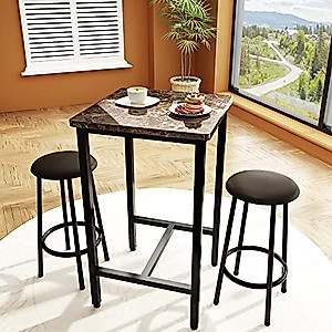 AWQM 3-Piece Dining Table and Chairs for Apartment, Bar Set with 1 Square Table and 2 Round Stools, Kitchen Table Set for 2, Breakfast Table with Footrest for Restaurant, Dinette, Studio (Dark Brown)