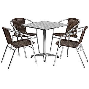 Flash Furniture Lila 27.5'' Square Aluminum Indoor-Outdoor Table Set with 4 Dark Brown Rattan Chairs