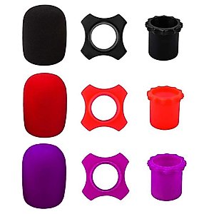 TuNan 9PCS Wireless Handheld Microphone Protection, Silicone Ring, Bottom Rod Sleeve Holder, Windscreen Foam Cover for KTV Device, Shakeproof & Anti-Rolling - Black, Red, Purple