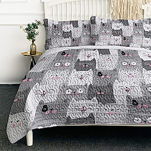 BlessLiving Cat Quilt Set Gray Queen(90"x90"), 3 Pieces(1 Cartoon Cat Pattern Quilt and 2 Pillowcases), 3D Kawaii Cats Bedspread Microfiber Coverlet Sets All-Season for Teens Boys Adults Women