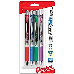 Pentel EnerGel RTX Retractable Liquid Gel Pen, (1.0mm) Metal Tip, Bold Line, Assorted Ink Colors (Red, Blue, Green, Violet)