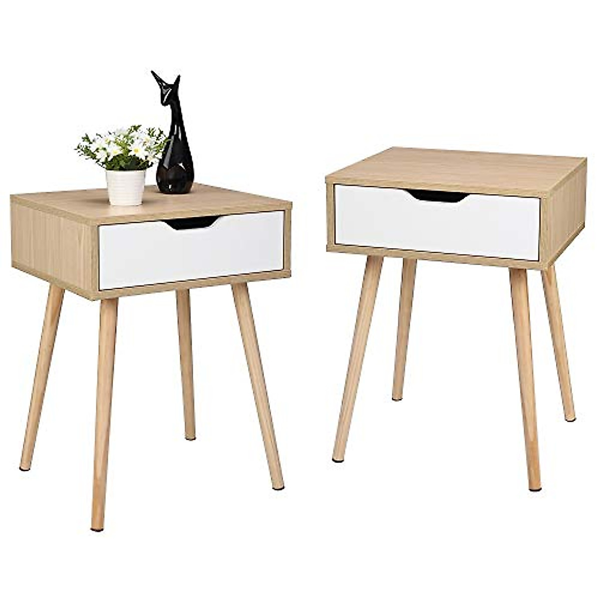 Bonnlo Wood&White Nightstands Set of 2 End Side Table with Spacious Drawer & Solid Wood Legs for Livingroom, Bedroom, Dorm