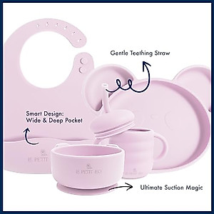 Le Petit Leo Silicone Baby Feeding Set - Complete Baby Led Weaning Supplies with Silicone Bibs, Suction Plates, Suction Bowl, Sippy Cup, Baby Spoon and Fork, Toddler Utensils (Angelic Pink)