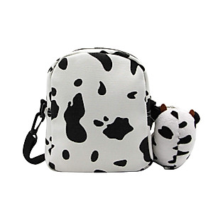 Cow Print Canvas Crossbody Purse Cute Animal Shoulder Handbag Phone Bag with Plush Pendant for Women Girls Kids