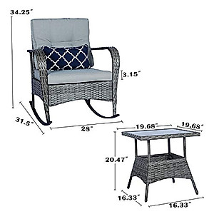 FUNKOCO 3 Pieces Patio PE Rattan Conversation Chair Set, Outdoor Furniture Rocking Chair Set with Water-Proof Cushion&Coffee Table for Garden,Backyard and Porch (Light Grey)