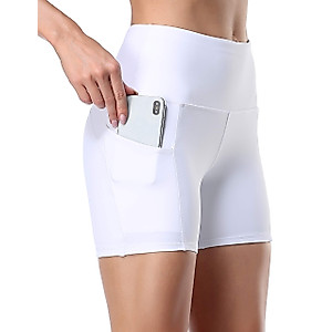 Oalka Women's Short Yoga Side Pockets High Waist Workout Running Shorts 4" Pure White Size S