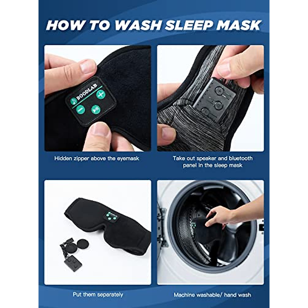 Boodlab Sleep Headphones, Sleep Mask with Bluetooth Headphones, Washable Sleep Mask Headphones with Adjustable Ultra Thin Stereo Speakers Microphone Hands Free for Travel