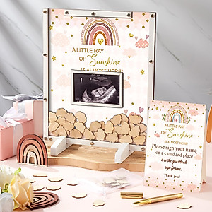 Thyle 65 Pcs Baby Shower Guest Book Alternative He or She Gender Reveal Baby Shower Favors Baby Shower Sign in Guest Book with 60 Wooden Hearts Baby Shower Picture Frame Birthday Decor (Boho Rainbow)