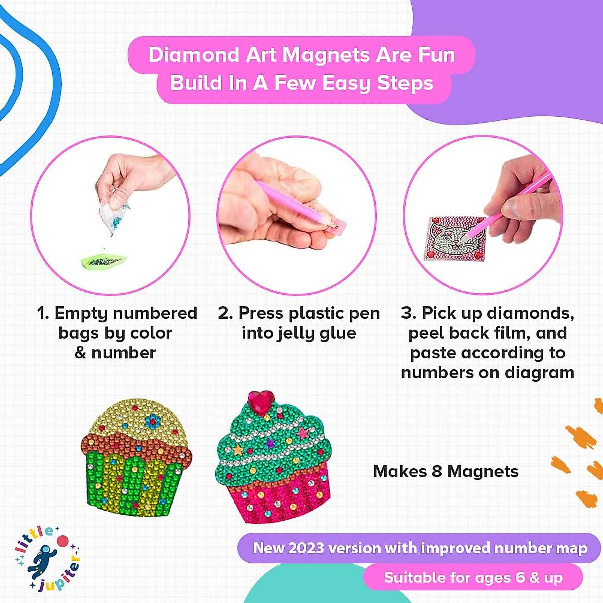 Little Jupiter Cupcake Diamond Art Magnets Set -2023 Ver w/ 8pcs - Diamond Art Kits for Kids w/Diamond Art Stickers & Wood - Diamond Art Kits for Kids - Diamond Art for Kids - Diamond Art Kits