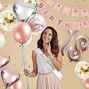 Happy 18th Birthday Party Decorations for Her Rose Gold, Jumbo Number 18 Foil Balloon, 18th Birthday Sash Cake Topper Banner Balloons, Rose Gold 18th Birthday Party Supplies for Women Anniversary