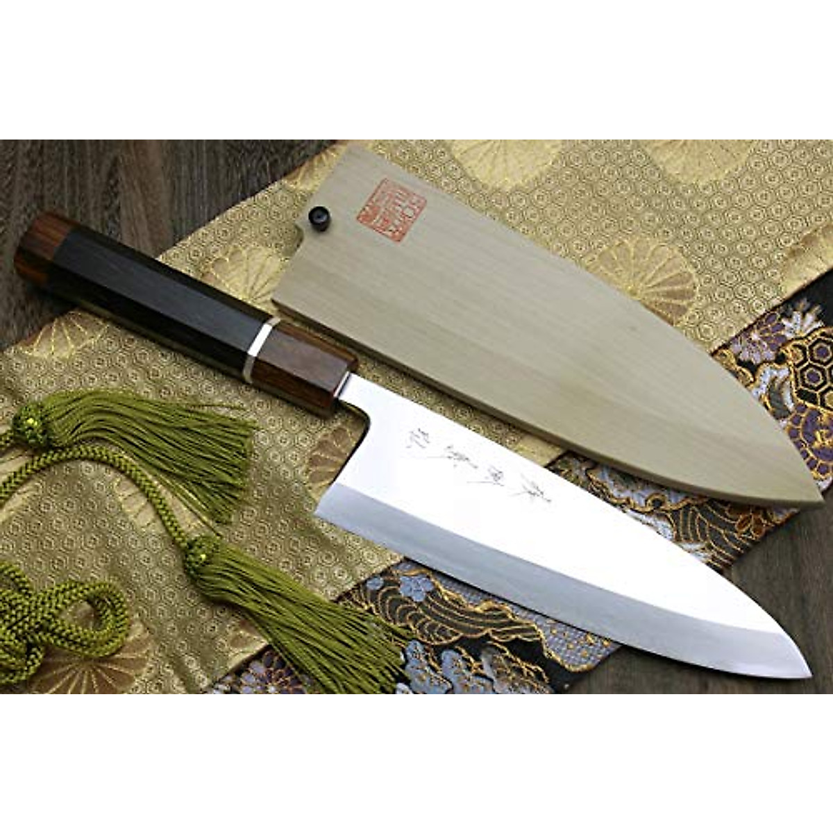 Yoshihiro Mizu Yaki Ginsanko Mirror-Finished High Carbon Stain Resistant Deba Fish Fillet Knife Ebony Handle with Silver Ring (7'' (180mm))