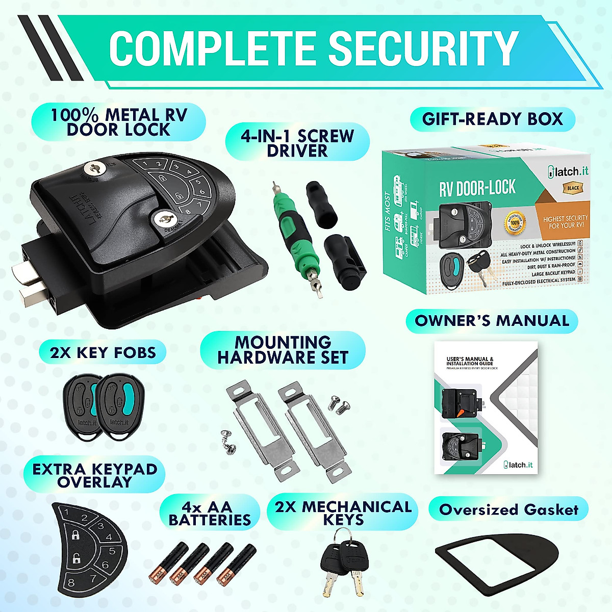 RV Keyless Entry Door Lock | LATCH.IT RV Door Lock Keyless Entry | All Metal Keyless RV Door Lock | Keyless Locks w/ 2 Fobs | Sealed Electricals Unlike Competition! | Only Fits 2.75" x 3.75" Lock Hole