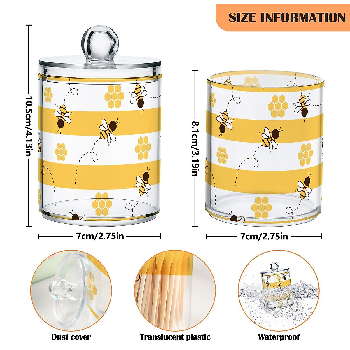 Bee Honey Stripe 2 Pack Qtip Holder Organizer Dispenser Plastic Bathroom Jars Storage Containers with Lids Clear Bathroom Organizer Dispenser for Hair Accessories