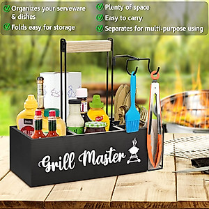 Grill Utensil Caddy, Picnic Condiment Caddy, BBQ and Grill Caddy with Paper Towel Holder & Paper Plate Holder. Grilling Caddy with Wood Handle & 2 Hooks, Multi-use Storage Organizer for Outdoor Grill